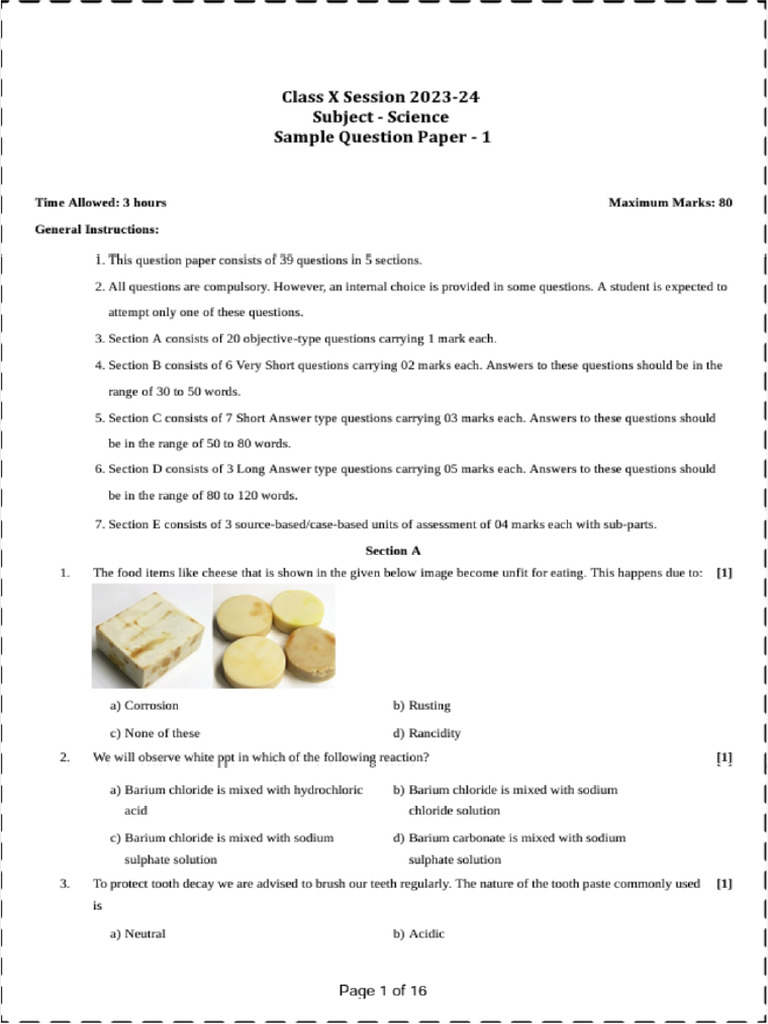 1 Sample Paper Science Class 10 | PDF