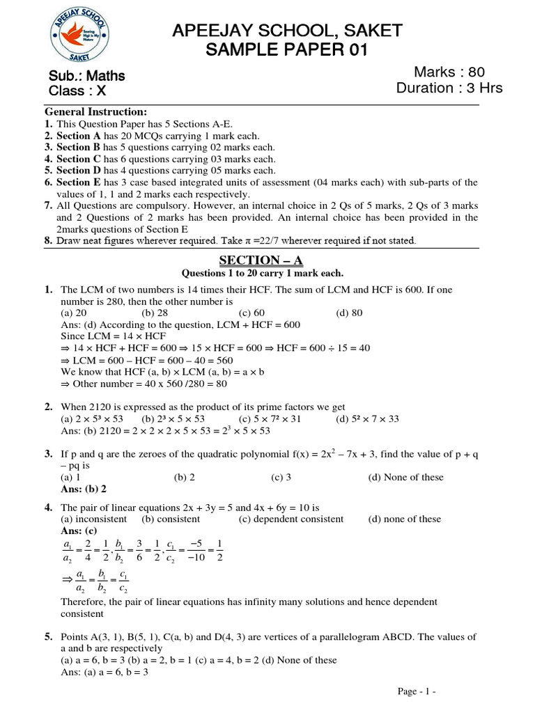 Class X (Sample Paper Test - 1) | PDF | Circle | Odds