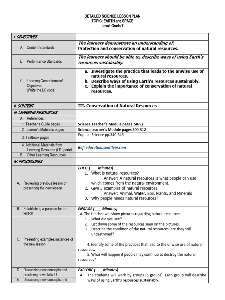 Earth and Space Conservation Lesson Plan | PDF | Learning | Soil