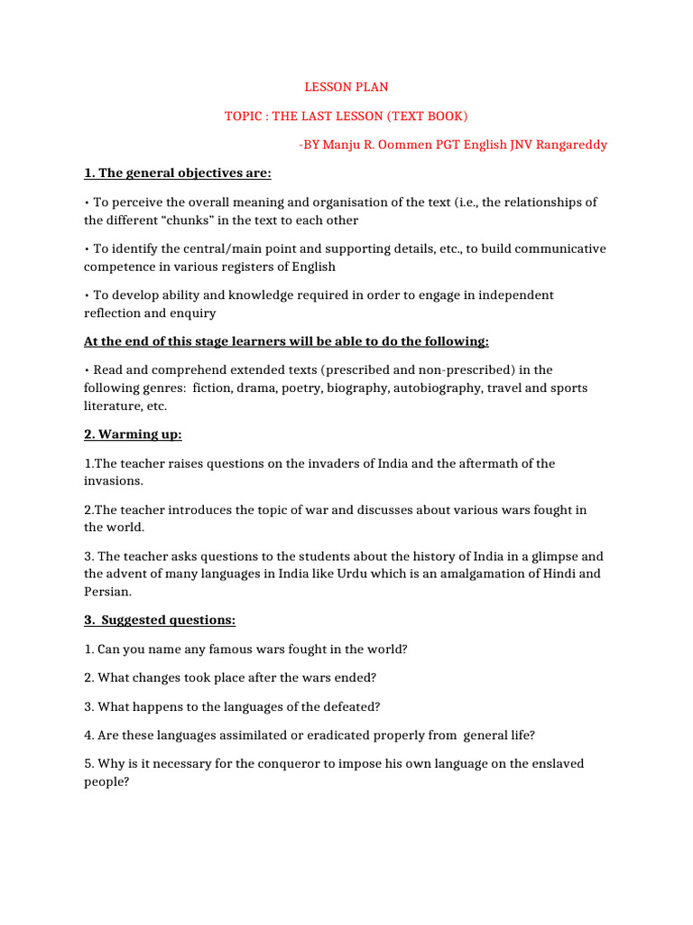 1.the Last Lesson - Lesson Plan | PDF | Teachers | Lesson Plan