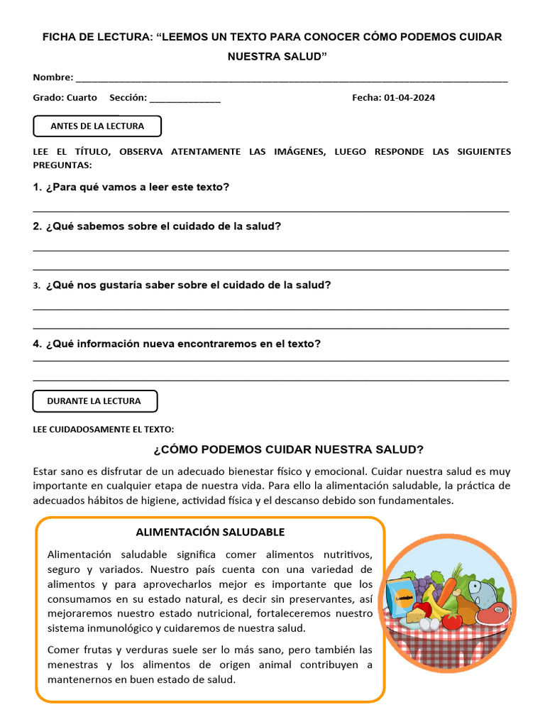 FICHA DE LECTURA - Leemos Un Texto para Conocer Cómo Podemos Cuidar ...