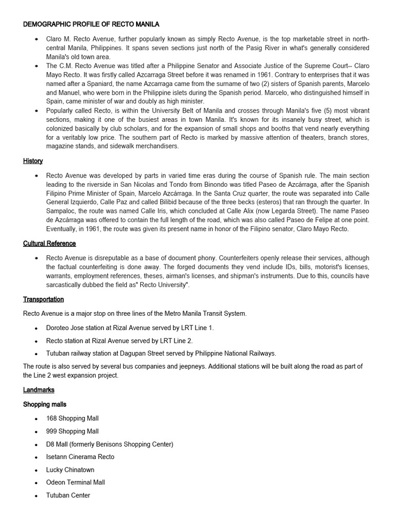 Recto Avenue Demographic Overview | PDF | Transport Infrastructure | Land Transport