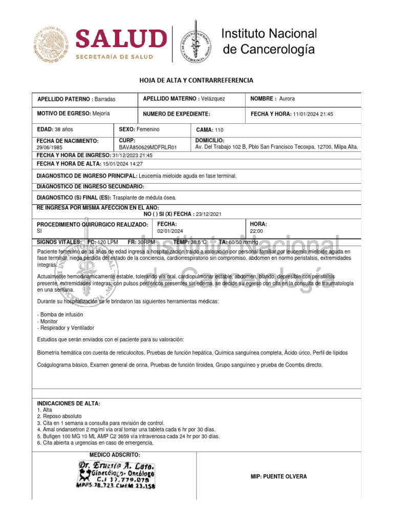 HOJA DE ALTA Y CONTRARREFERENCIA (1) (1) | PDF | Medicina CLINICA ...