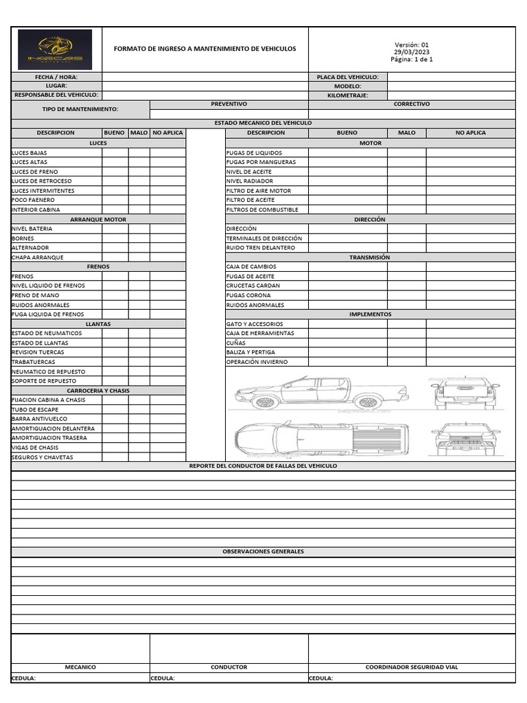 Formato Ingreso - Salida Mtto de Vehiculos Ingecars | PDF | Neumático ...