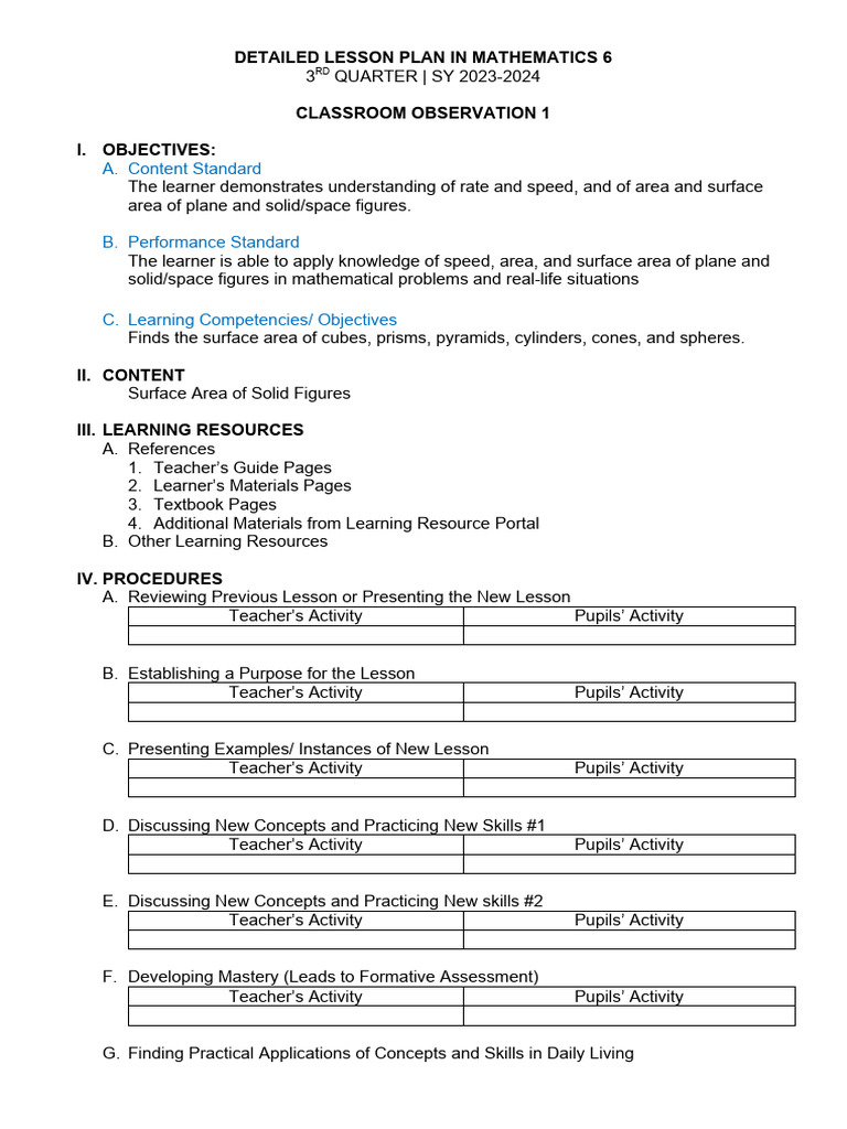 Surface Area Lesson Plan Grade 6 | PDF | Teachers | Learning