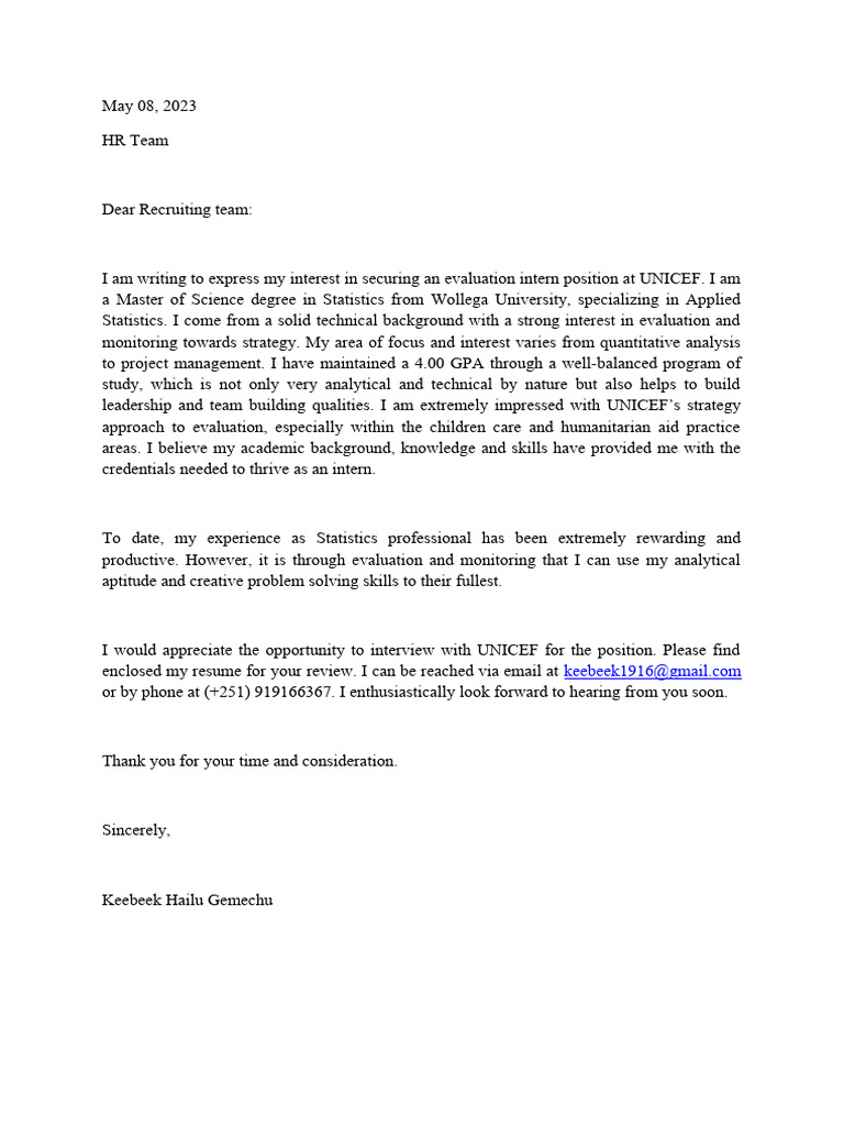 UNICEF Evaluation Intern Application | PDF