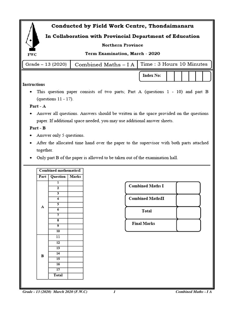 Combine Maths Paper I II 2020 Batch 5th Term FWC - English | PDF ...