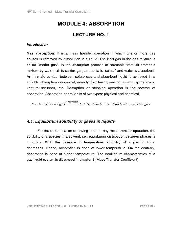Mass Transfer 1 Pdf Solubility Absorption Chemistry