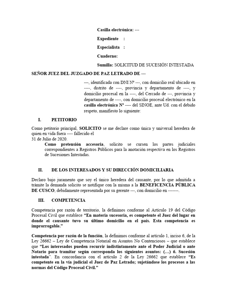 modelo SOLICITUD DE SUCESIÓN INTESTADA | PDF | Herencia | Intestacy