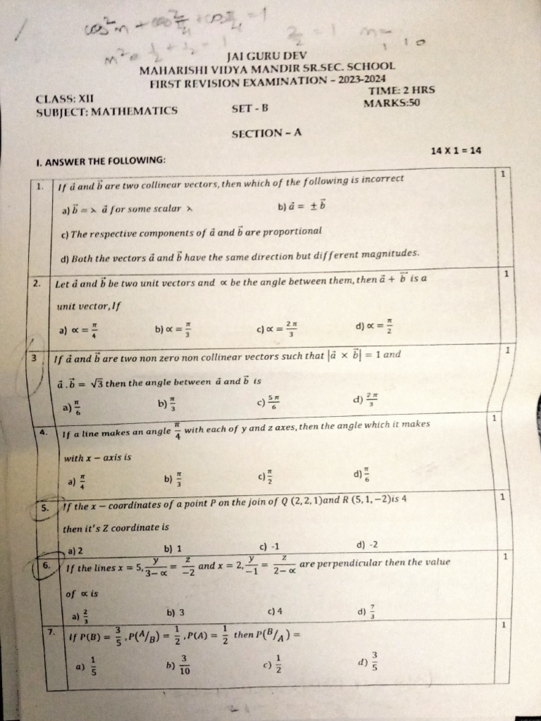Class 12 MVM Revision 1 Maths Set 2 | PDF