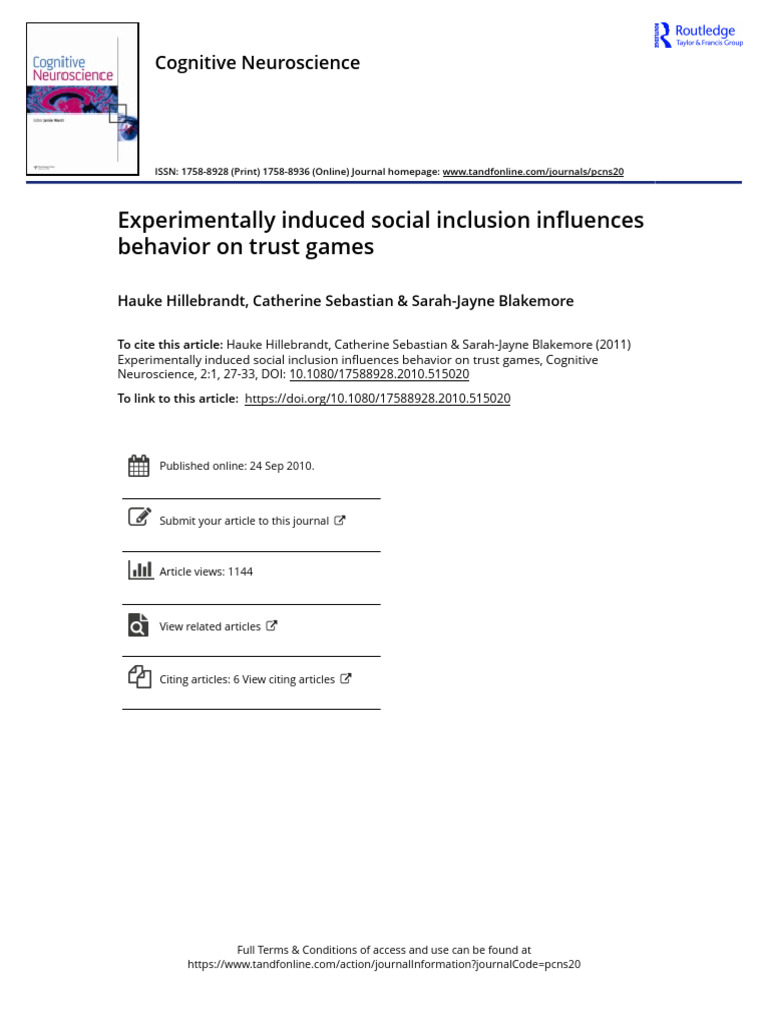 Experimentally Induced Social Inclusion Influences Behavior On Trust Games | PDF | Anterior ...