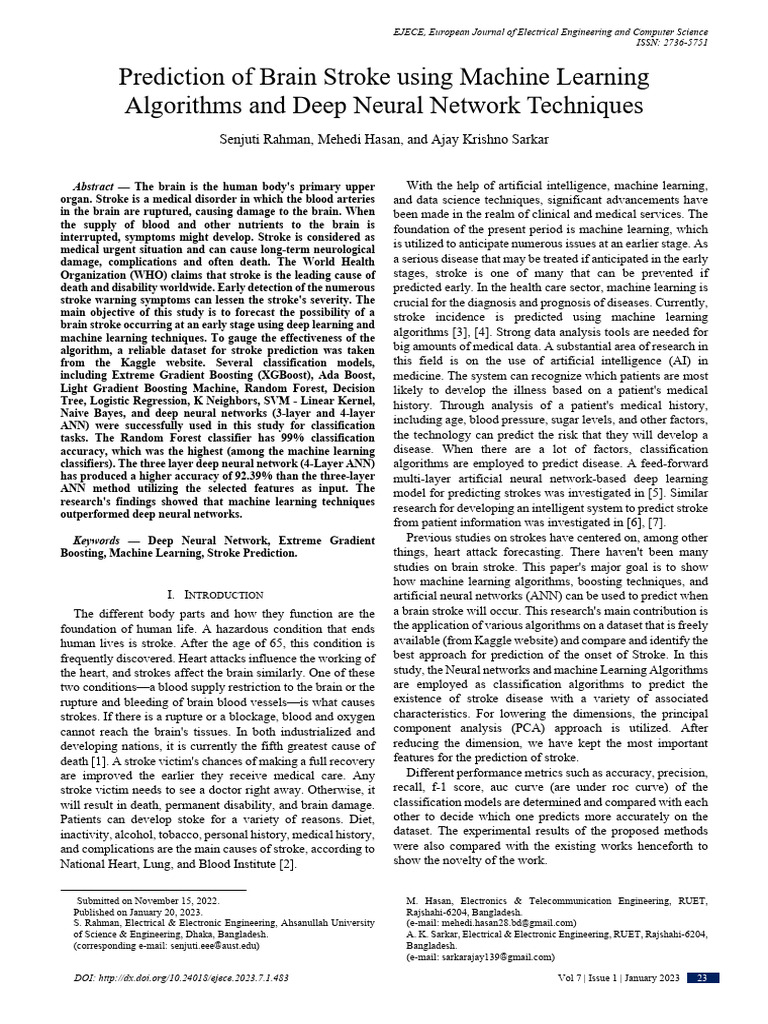 Prediction of Brain Stroke Using Machine Learning | Download Free PDF | Machine Learning | Deep ...