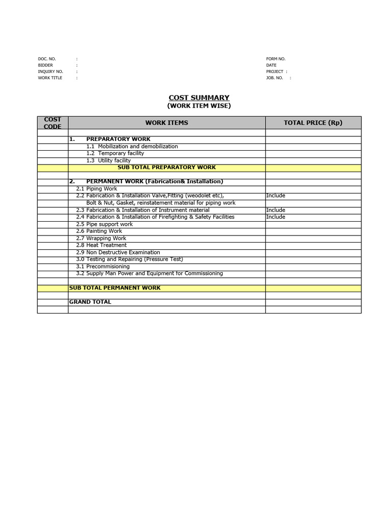 Work Volume of Piping Work - Template | PDF | Pipe (Fluid Conveyance) | Cost