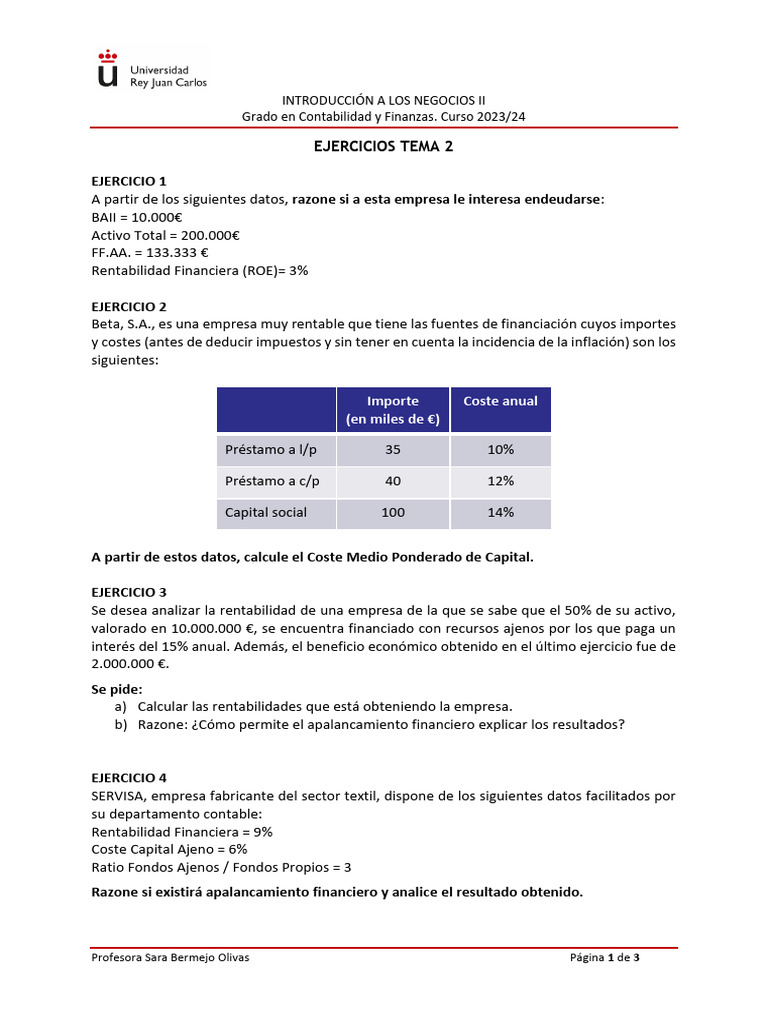 Intro a los Negocios II - ejercicios T2 | PDF | Rentabilidad sobre recursos propios ...