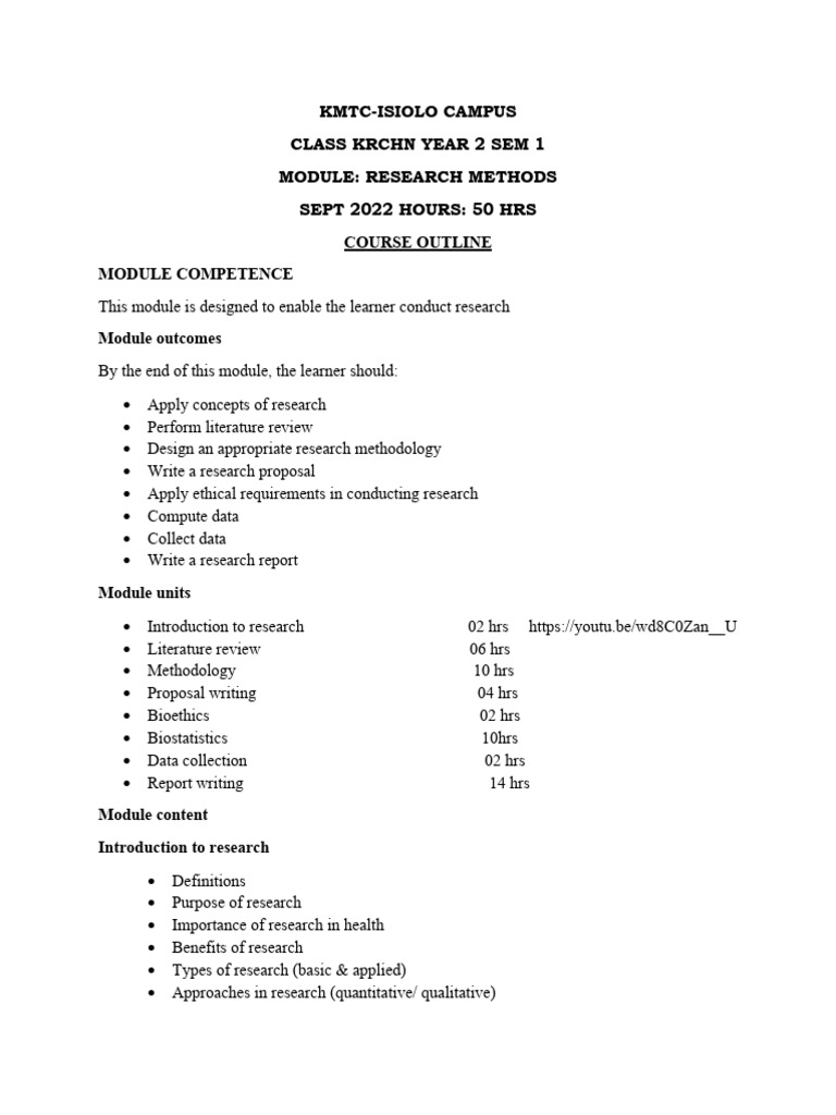 Research Methods Course Outline | PDF | Sampling (Statistics) | Statistics