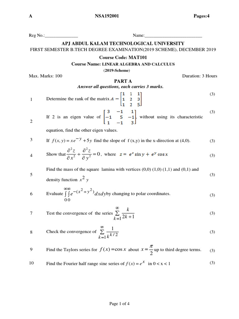 MAT101-QP Dec2019 | PDF | Eigenvalues And Eigenvectors | Mathematical Relations