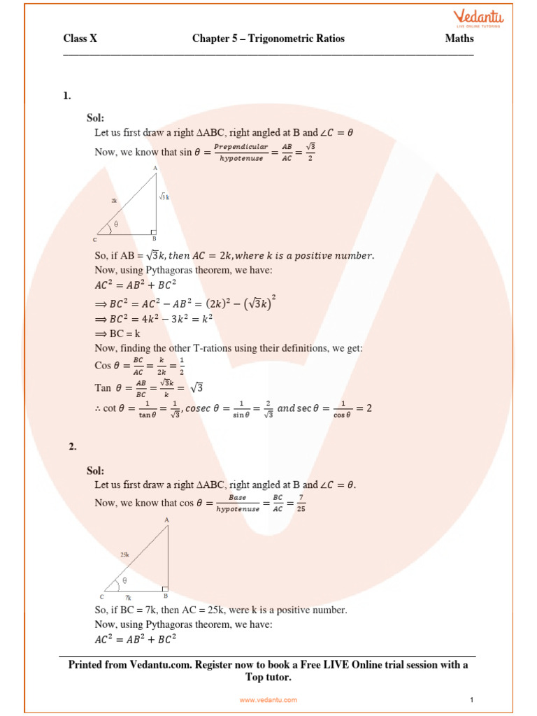 RS Aggarwal Solutions Class 10 Chapter 5 - Trigonometric Ratios (Ex 5A) Exercise 5.1 - Free PDF ...