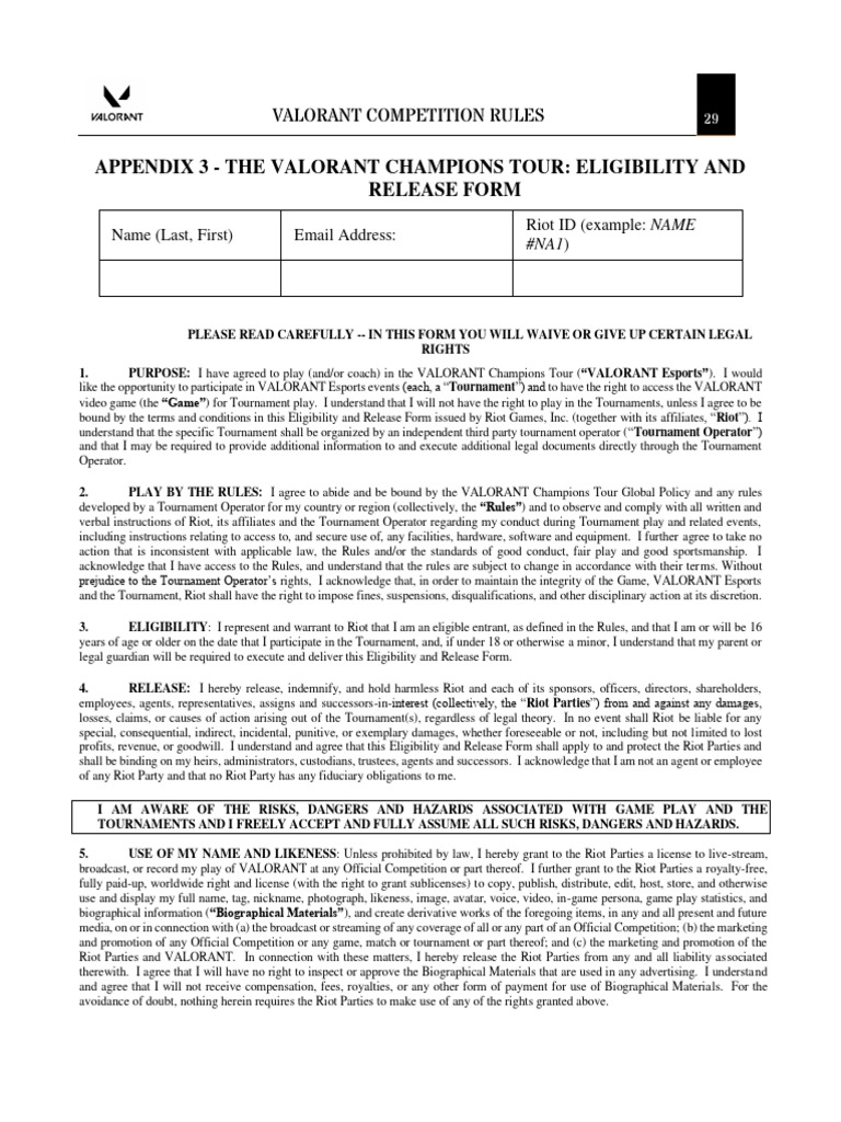 VALORANT Champions Tour - Player Release Form 2 | PDF | Lawsuit | Legal Liability
