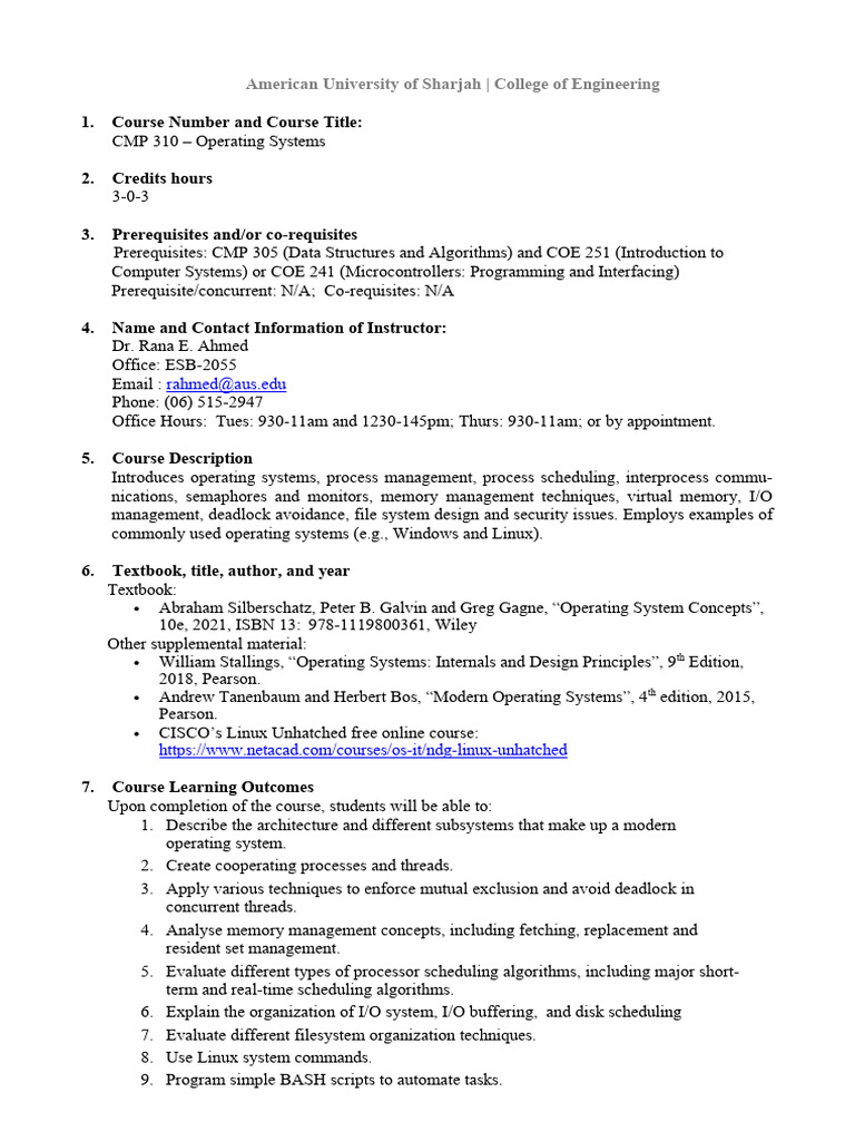 CMP310 01 Syllabus Spring 2024 | PDF | Scheduling (Computing) | Operating System