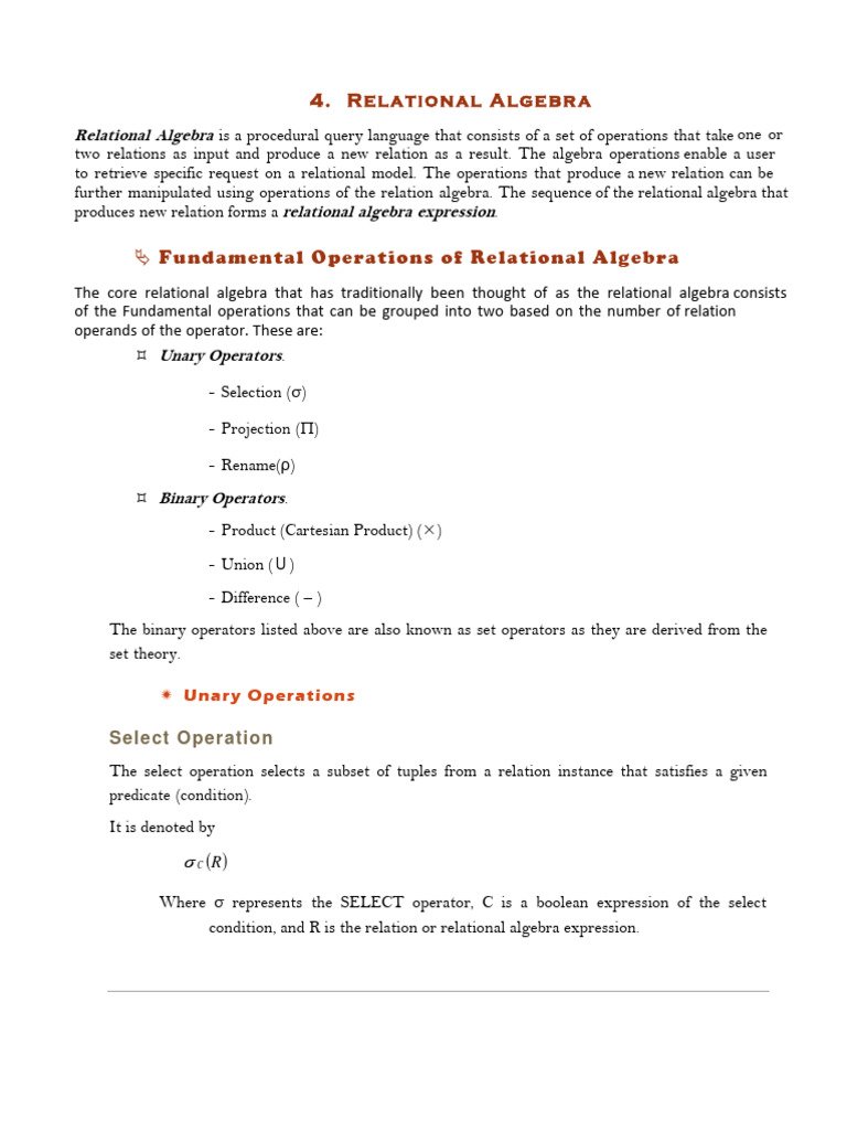Fundamental Operations in Relational Algebra | PDF | Relational Model | Data Management