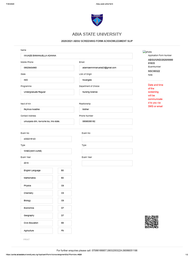 Absu Post Utme Form | PDF