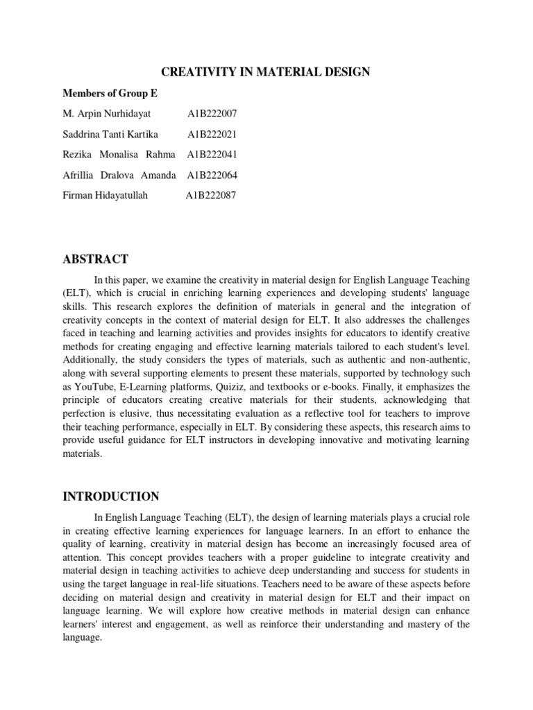 Paper Group E - CREATIVITY IN MATERIAL DESIGN | PDF | Learning | Creativity