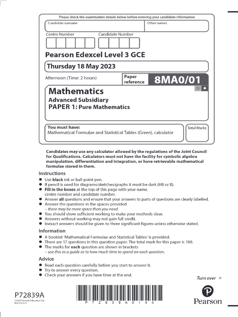 Edexcel AS Mathematics Paper 1 2023 | PDF