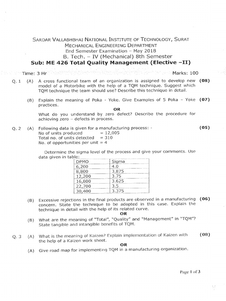 TQM - Endsem - 2018 | PDF