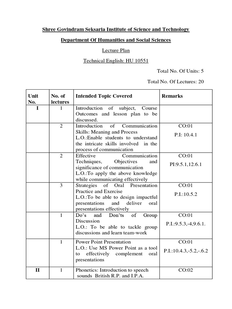 HSS Lesson Plan Technical English 2023-24 | PDF | Lecture | Phonetics