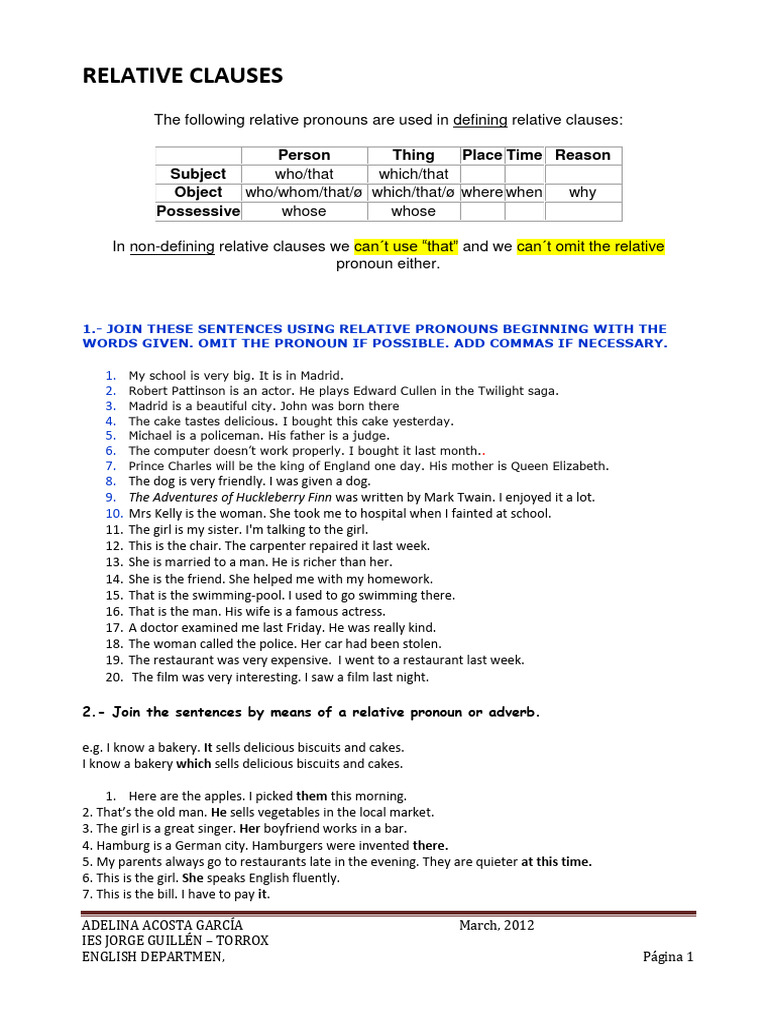 Relative Clauses - Theory + Exercises | PDF | Linguistics