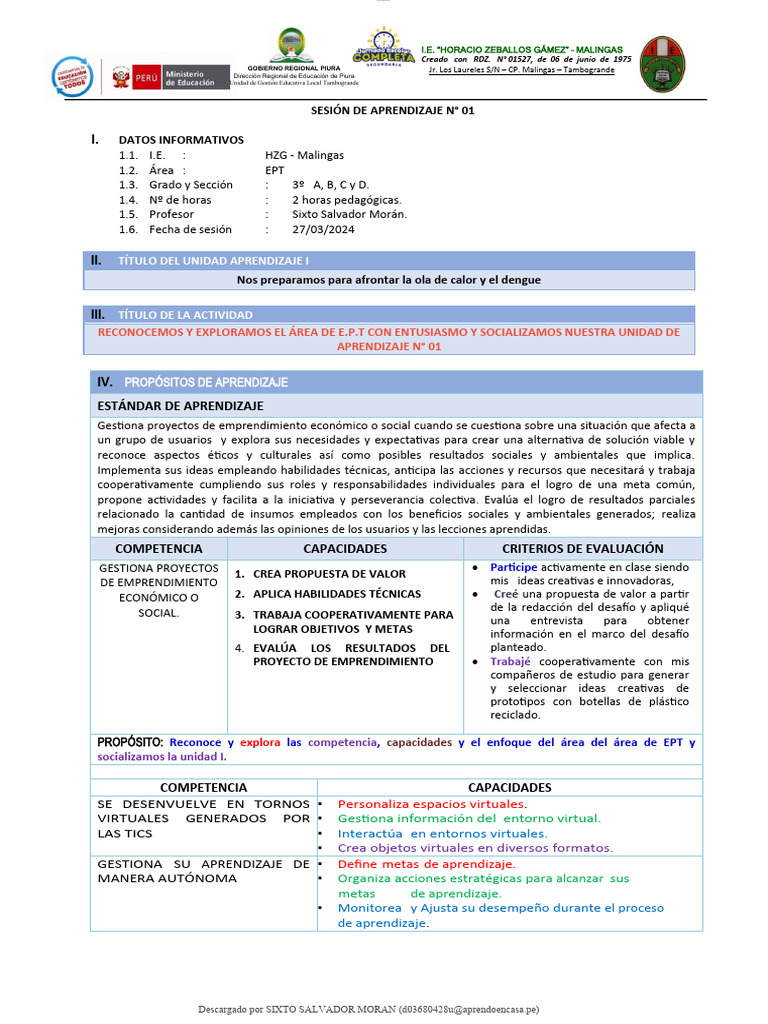 SESIÓN-01-CONOCEMOS Y EXPLORAMOS EL AREA DE EPT CON ENTUSIASMO | PDF | Aprendizaje | Maestros
