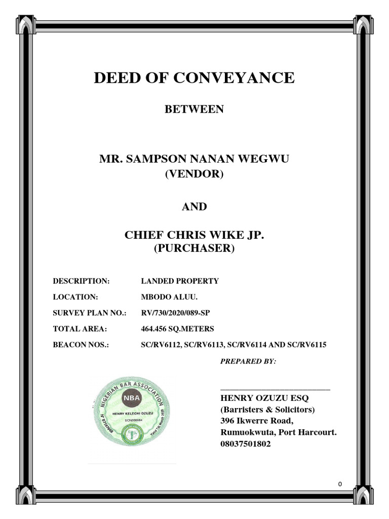 Deed of Conveyance Mrs. Mr. Sampson Nanan Wegwu | PDF | Deed | Common Law