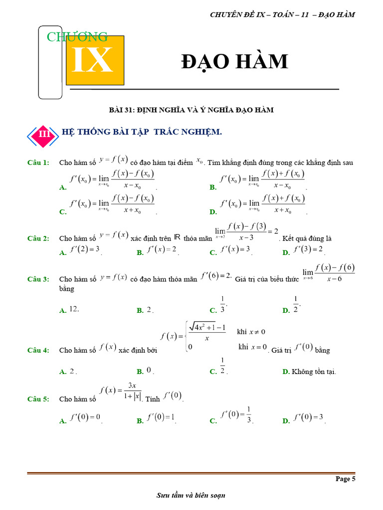Toan 11 - C9 - B31.2 - Dinh Nghia Va y Nghia Dao Ham - TN - de | PDF