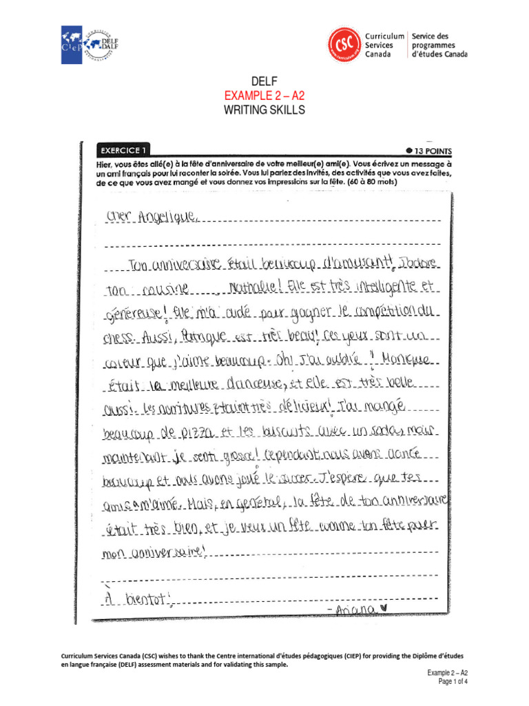 DELF A2 Writing Skills Assessment | PDF | Linguistic Typology | Linguistics