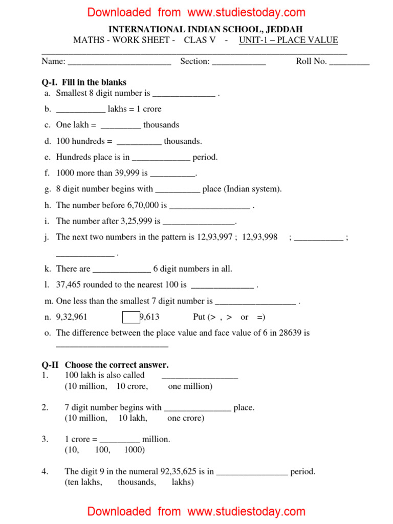 CBSE Class 5 Mathematics Worksheet- Place Value | PDF | Numbers | Encodings