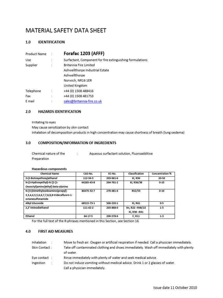 2973 - Britannia AFFF COSHH Sheet | Download Free PDF | Magnesium ...