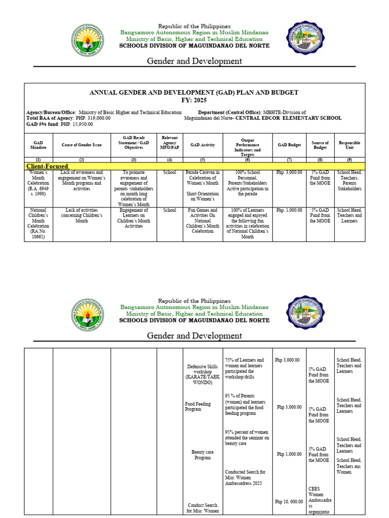 GAD Plan and Budget 2025 Overview | PDF | Mindanao