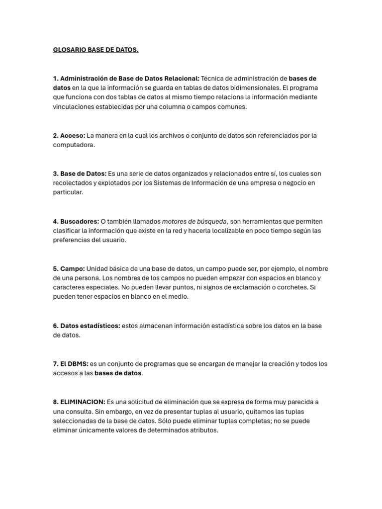 Glosario Base de Datos | PDF | Bases de datos | Lenguaje de programación