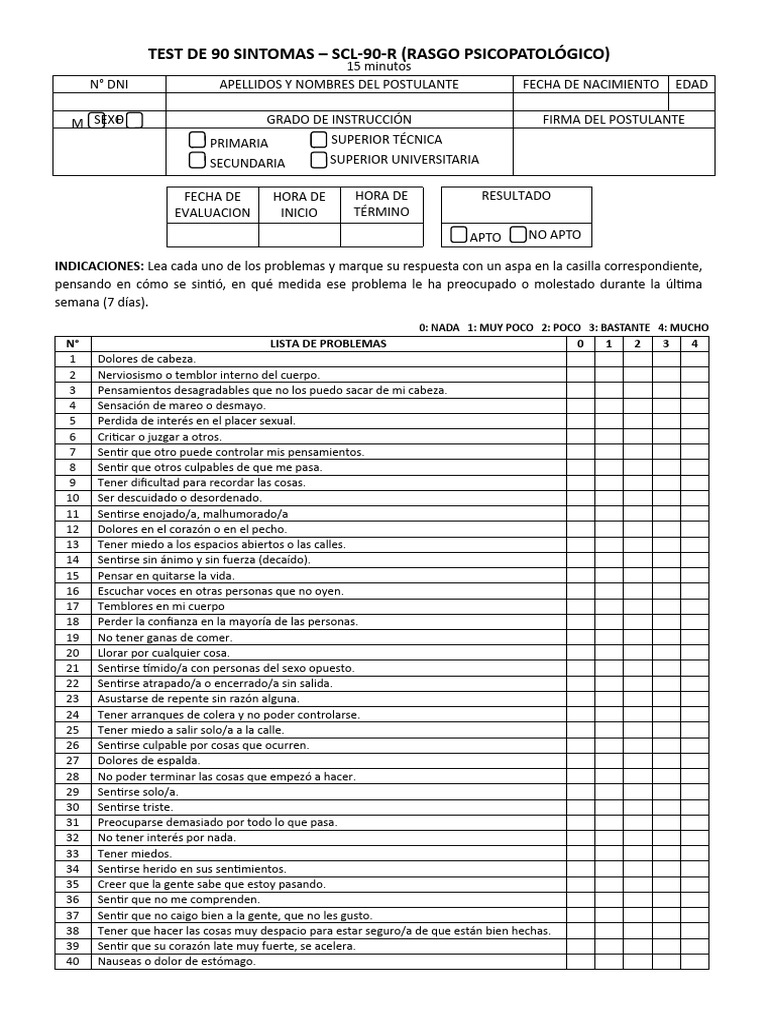 Evaluación Psicopatológica SCL-90-R | PDF | Estilo de vida