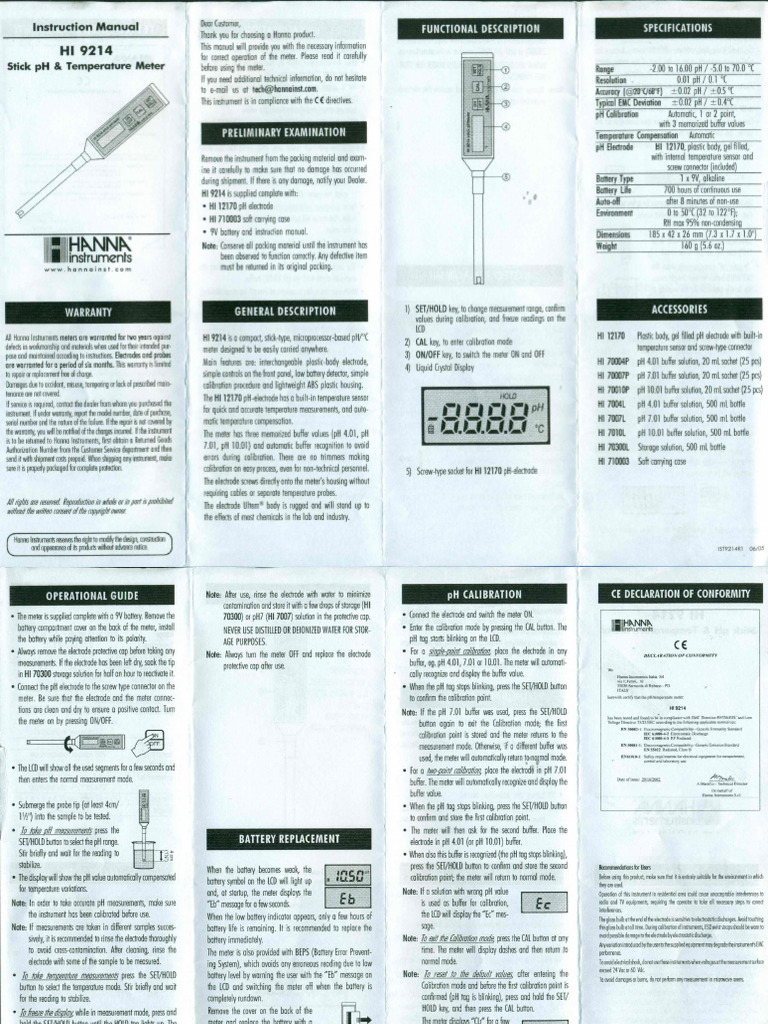 Manual Ph-Metru Portabil Stick HI 9214 Engl. | PDF