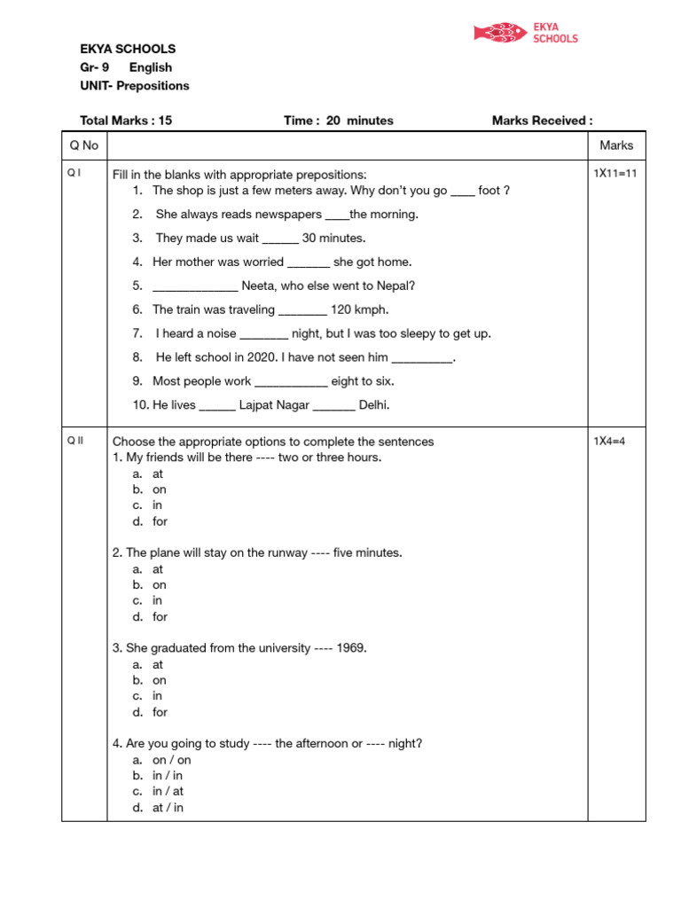 Gr9 Prepositions Chapter Test ICSE | PDF | Language Arts & Discipline