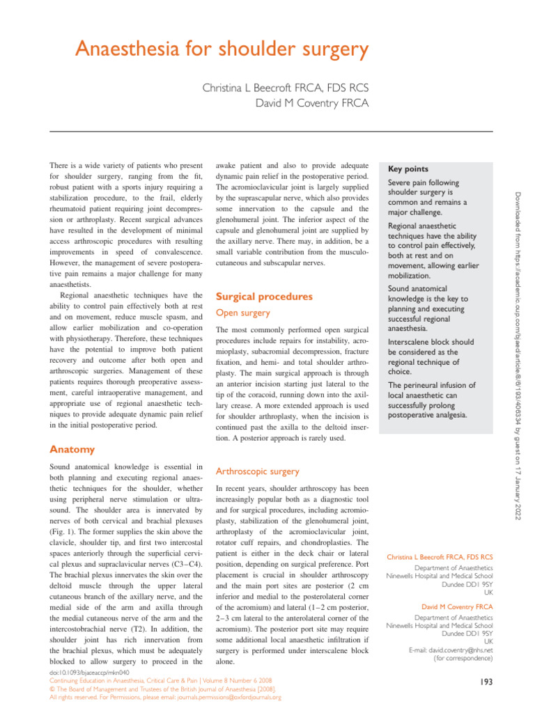 shoulder surgery | PDF | Anesthesia | Surgery