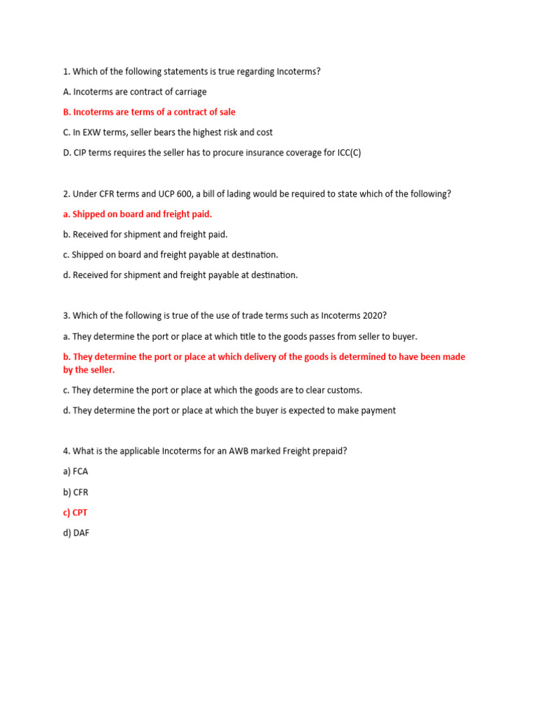 Exam 9-Question On Incoterm 2020 | PDF | Private Law | Business Law