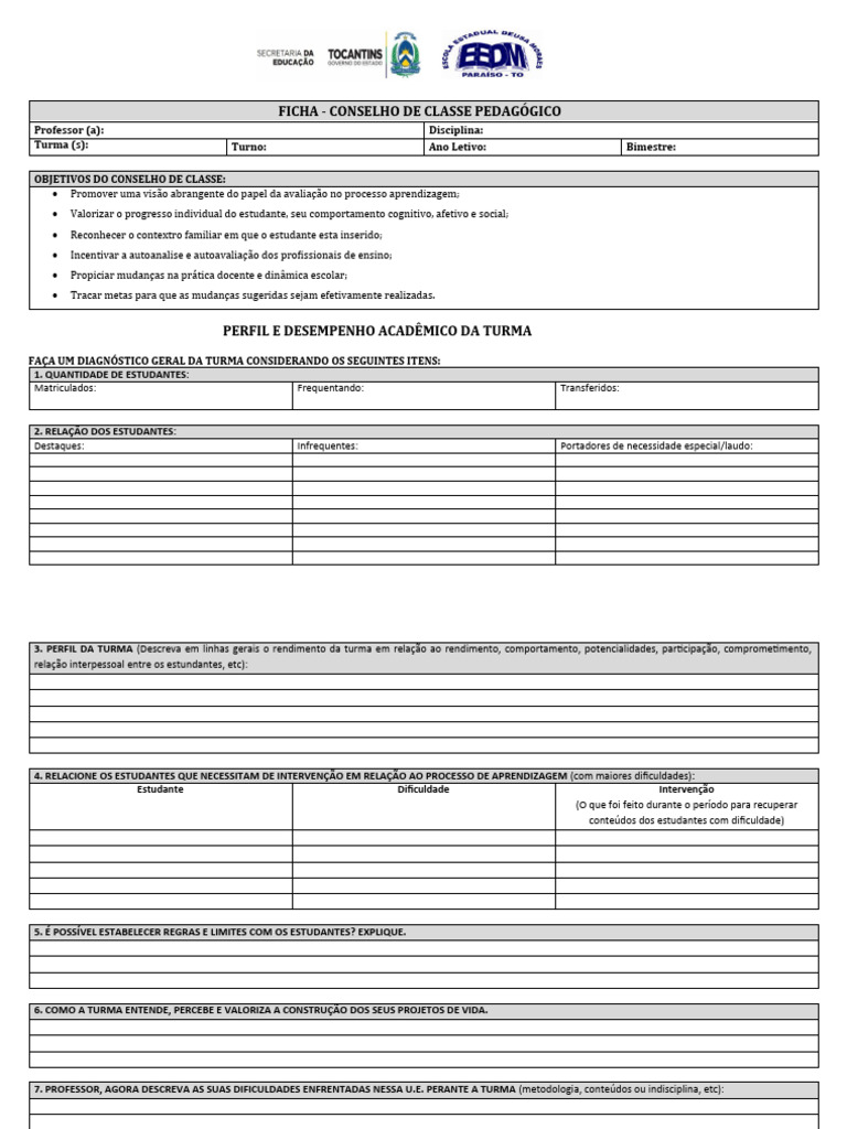 Ficha - Conselho de Classe Pedagógico 2024 | PDF | Pedagogia | Aprendizado