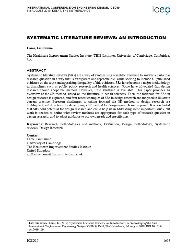 Systematic Literature Reviews An Introduction | PDF | Systematic Review | Evidence Based Medicine
