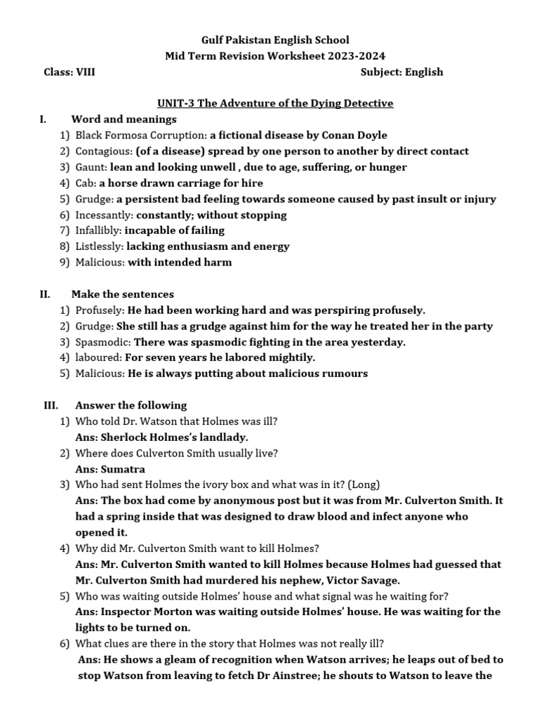 Mid Term Revision Worksheet 2023-24 Grade 8 SOLVED 2 | PDF | Climate Change | Sherlock Holmes