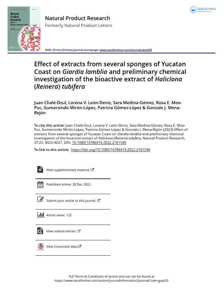 Effect of Extracts From Several Sponges of Yucatan Coast On Giardia ...