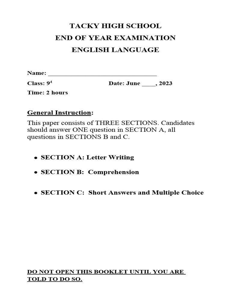 9-4 2023 End of Year Exam | PDF | Noun | Verb