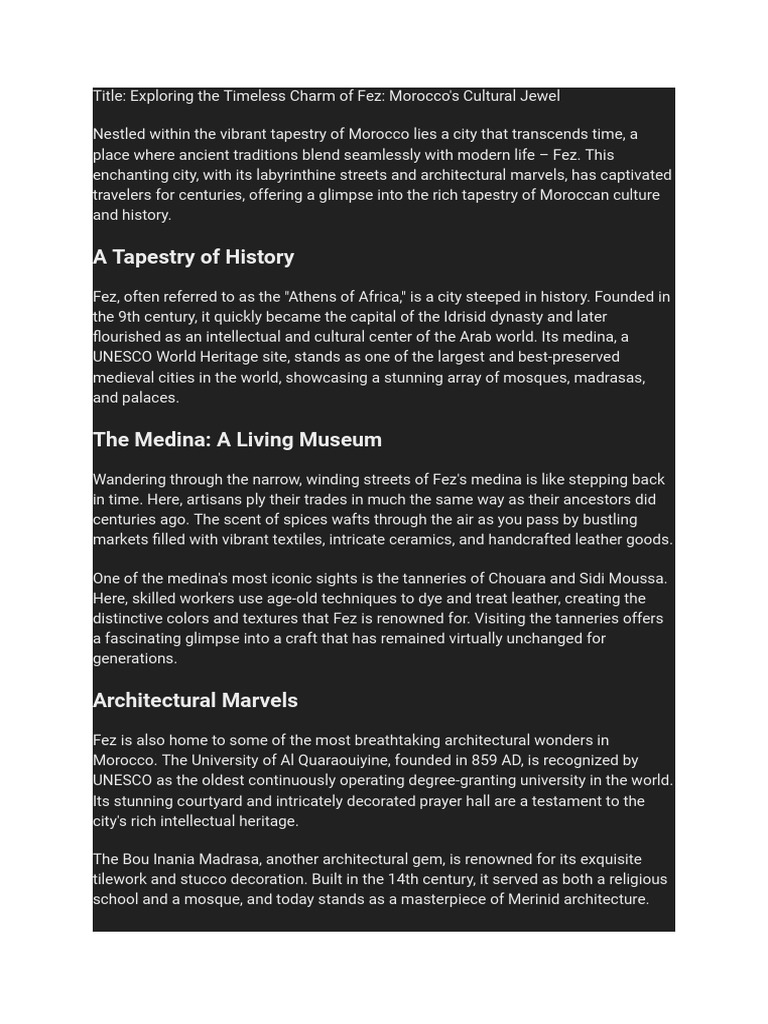 Title_ Exploring the Timeless Charm of Fez_ Morocco's Cultural Jewel | PDF | Morocco