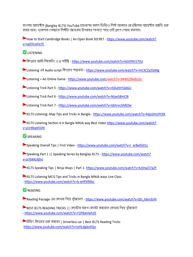 Banglay IELTS YouTube Video List | PDF | International English Language ...